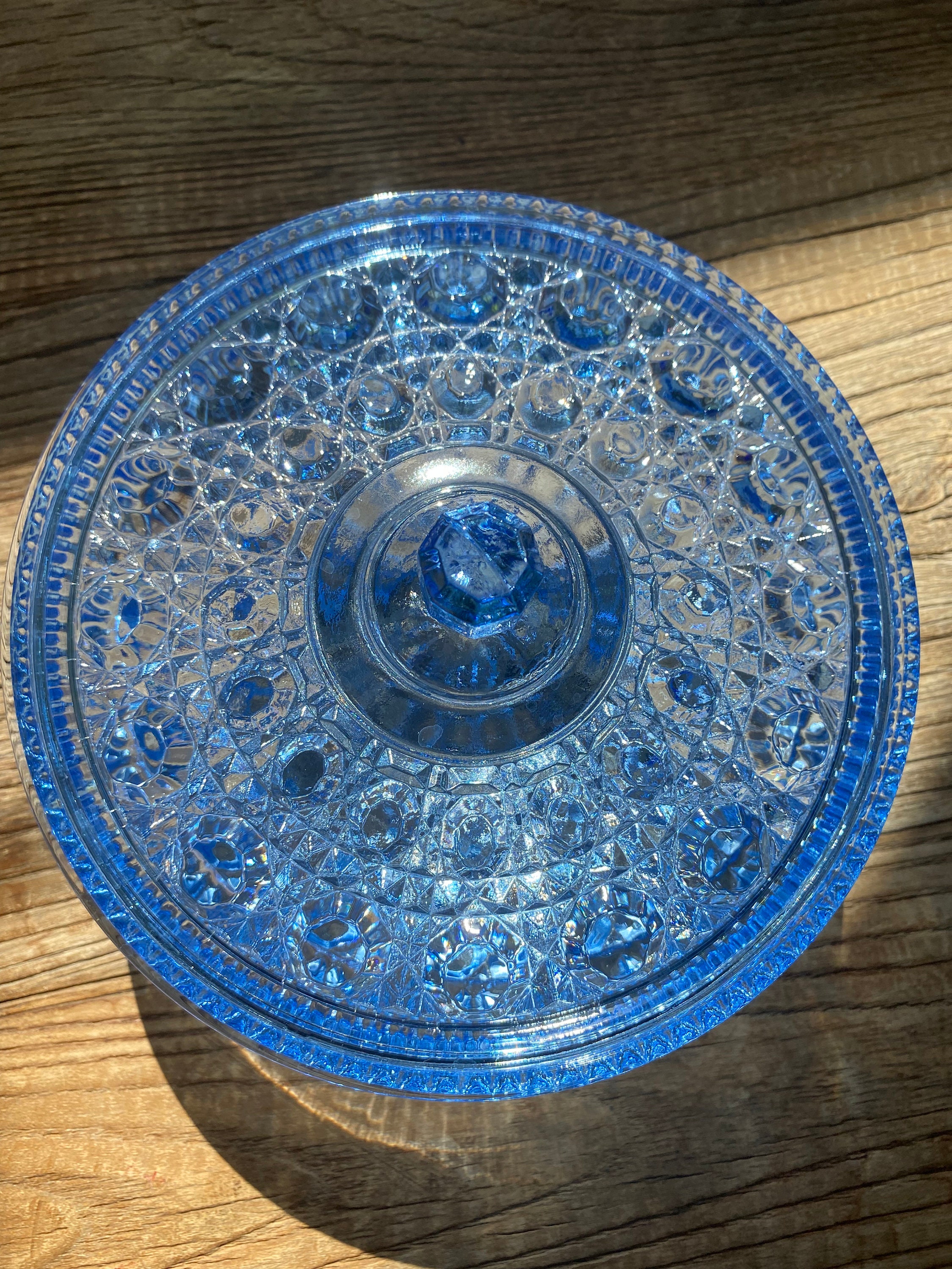 Indiana Glass Windsor Blue in Button and Cane Pattern Lidded Candy Dish ...