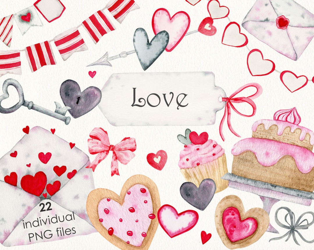 Watercolor Love Clipart, Valentine's Day, Individual PNG, Heart ...
