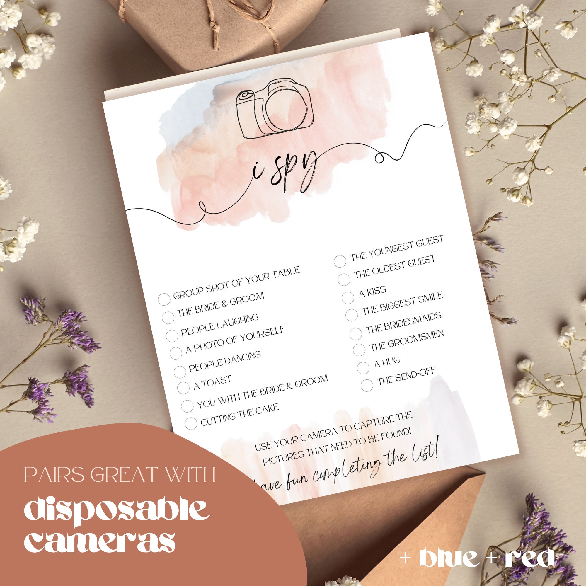 Watercolor I Spy Wedding Scavenger Hunt Printable | for Disposable ...