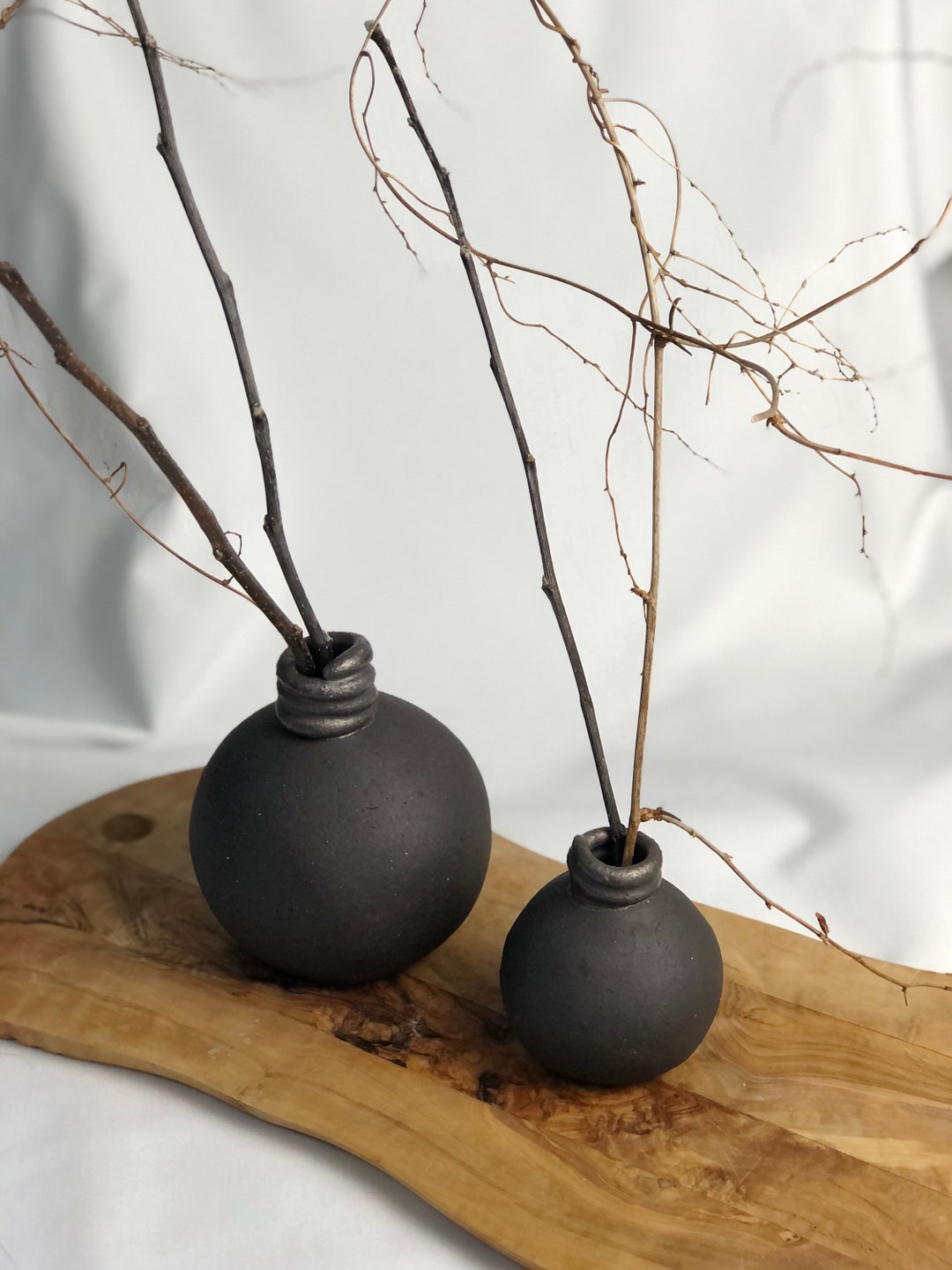 Duo Sphere Black Clay Vases Black Pottery Vessel Bud Vase - Etsy