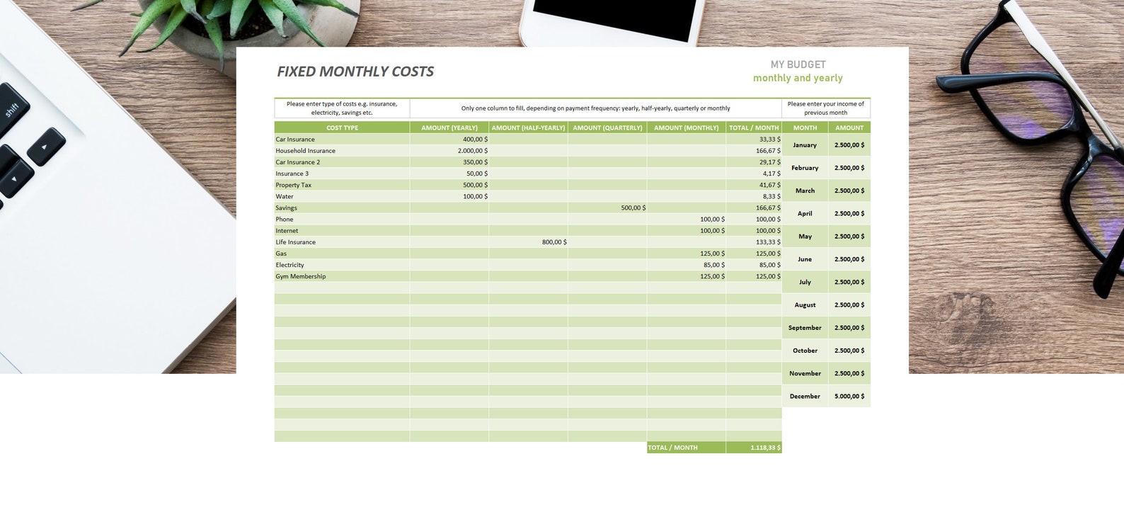 Monthly and Yeary Budget Spreadsheet Template for Excel, Budget Sheet ...