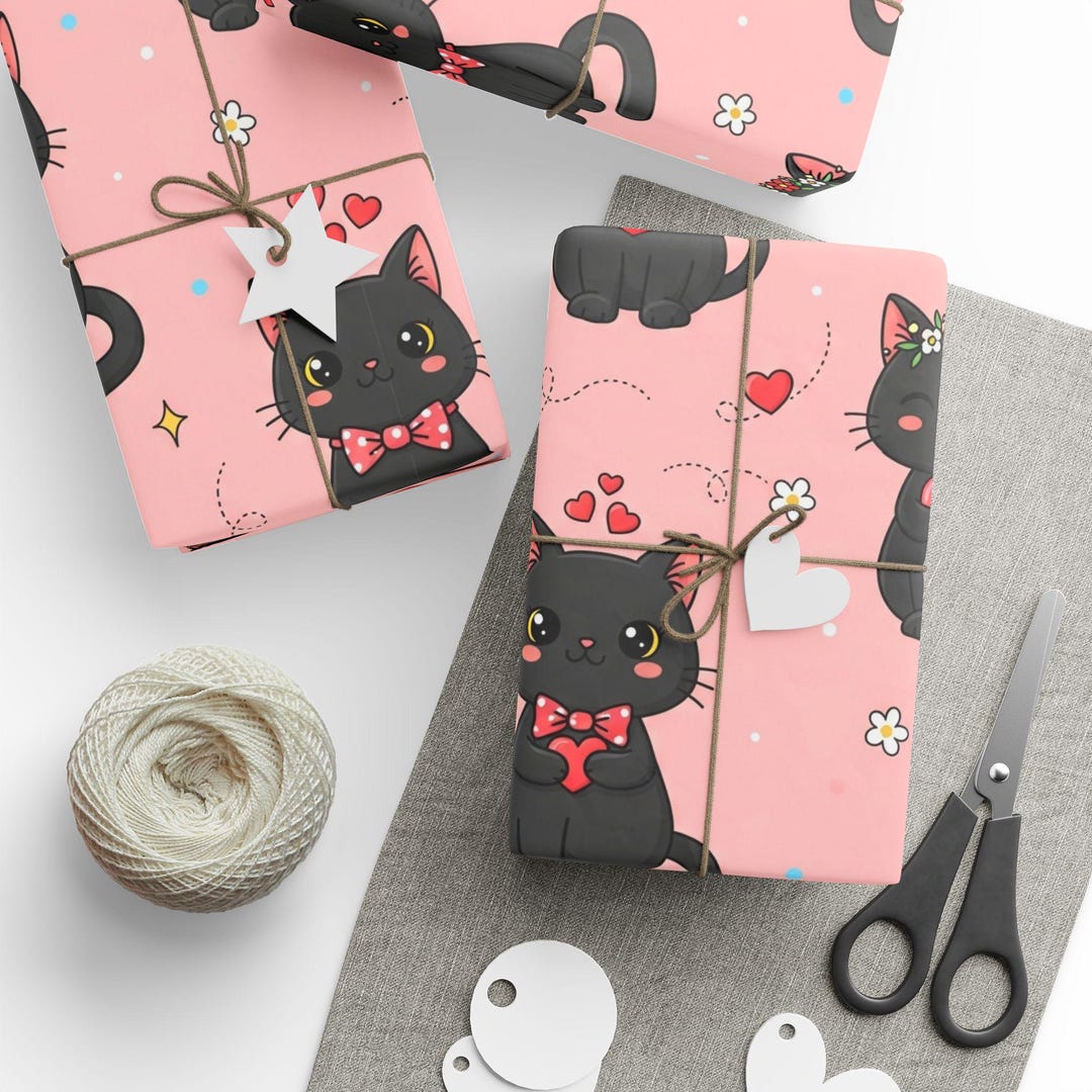 Cute Black Cats Pattern Wrapping Paper, Pink Hearts Floral Gift Wrap - Etsy