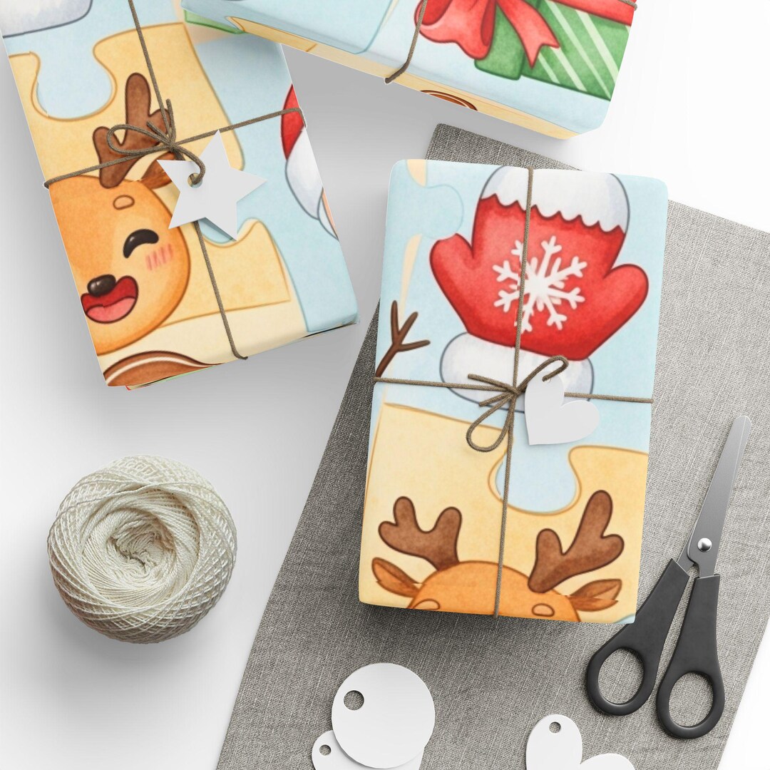 Puzzle Christmas Wrapping Paper, Santa Puzzle Reindeer Snowman Pattern ...