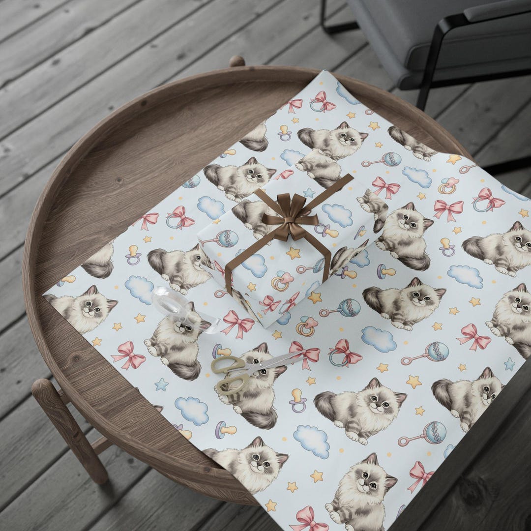 New Baby Ragdoll Kitten Wrapping Paper, Baby Shower Gift Wrap, Soft ...