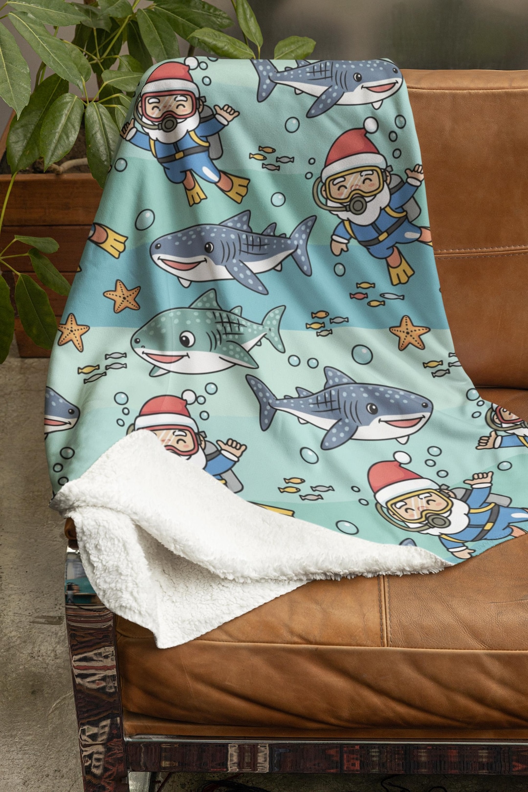 Santa Scuba Diver Whale Shark Pattern Velveteen Plush Blanket, Shark ...