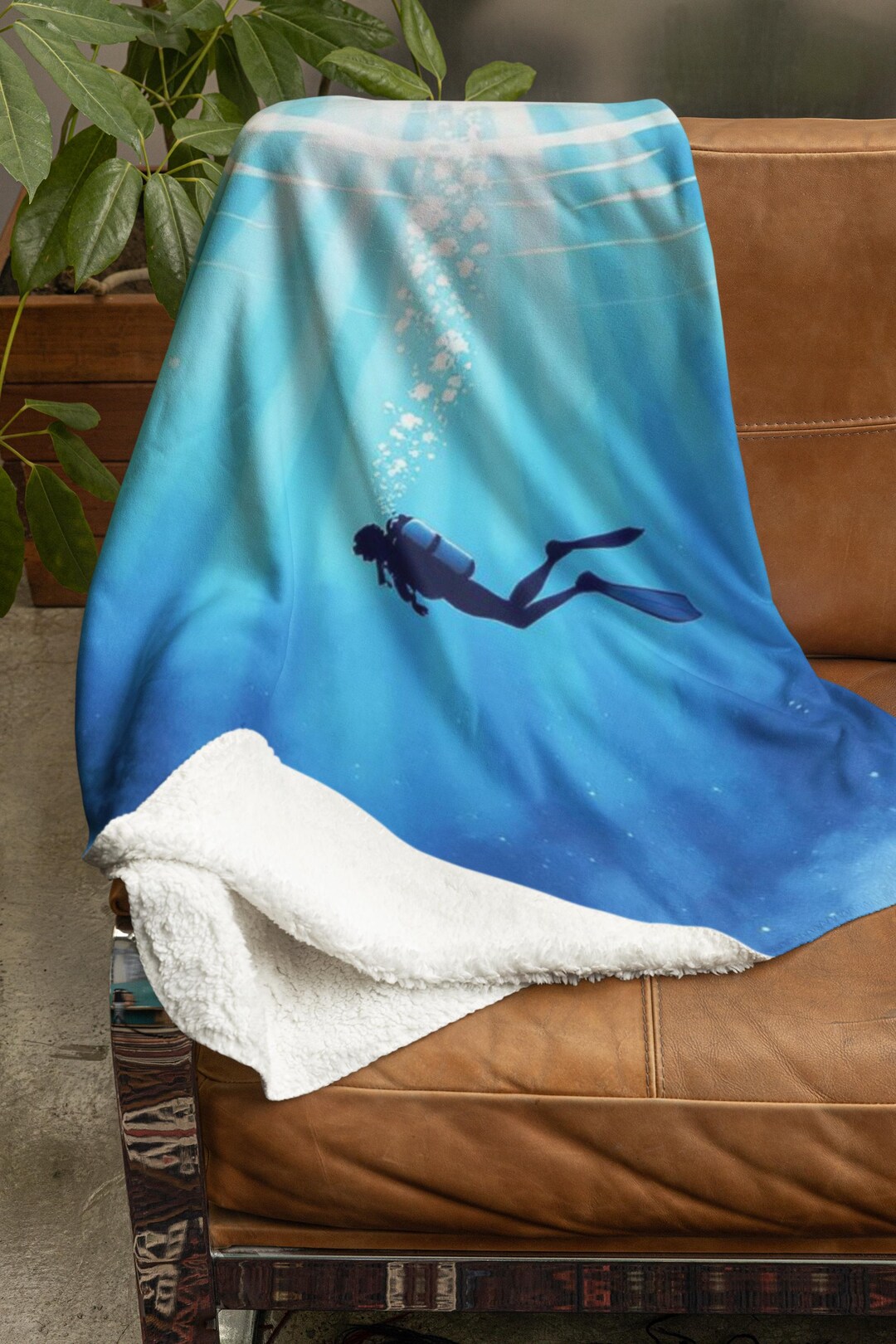 Scuba Diver Silhouette Velveteen Plush Blanket, Underwater Sunbeams ...