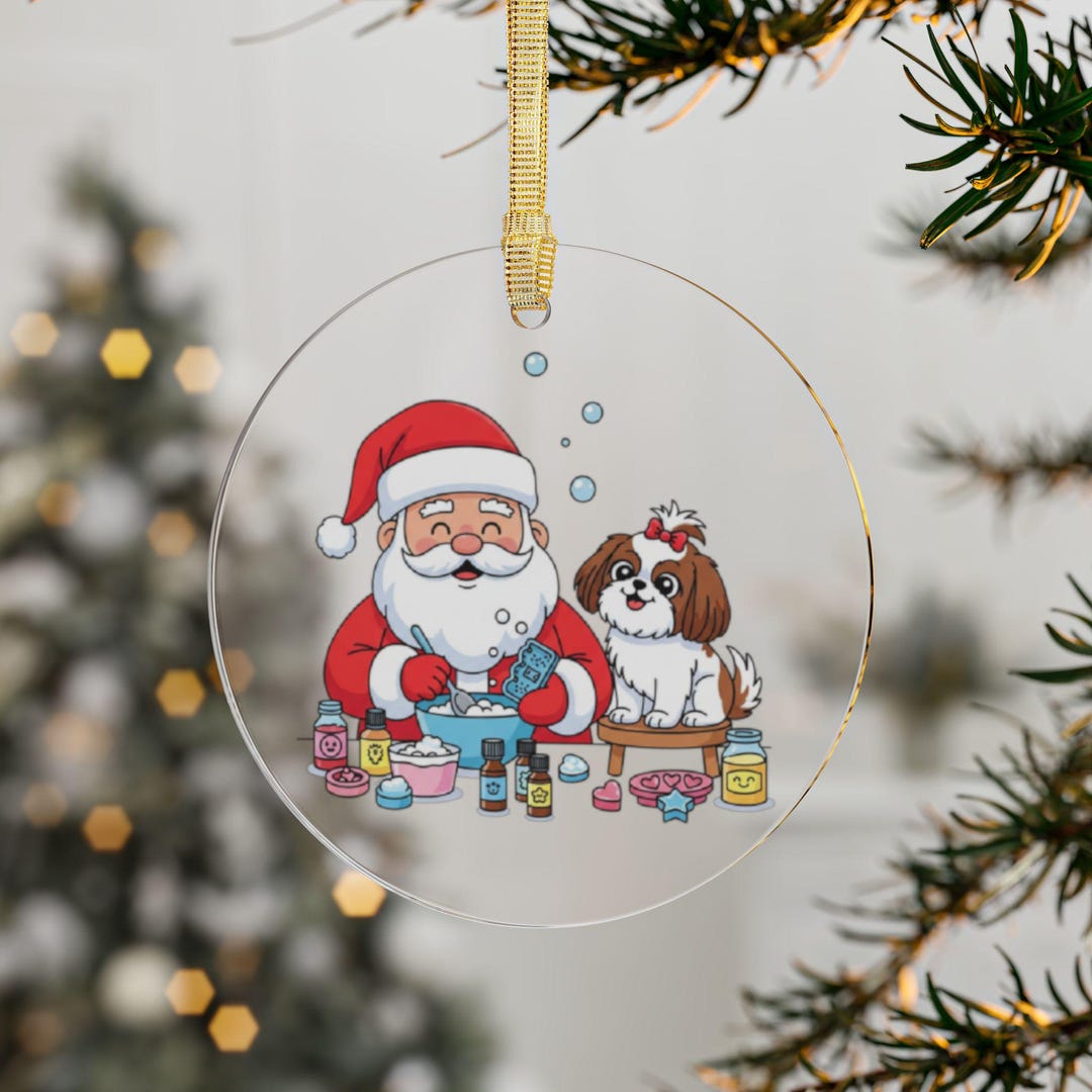 Santa Soap Making With Shih Tzu Acrylic Ornament, Festive Holiday Decor ...