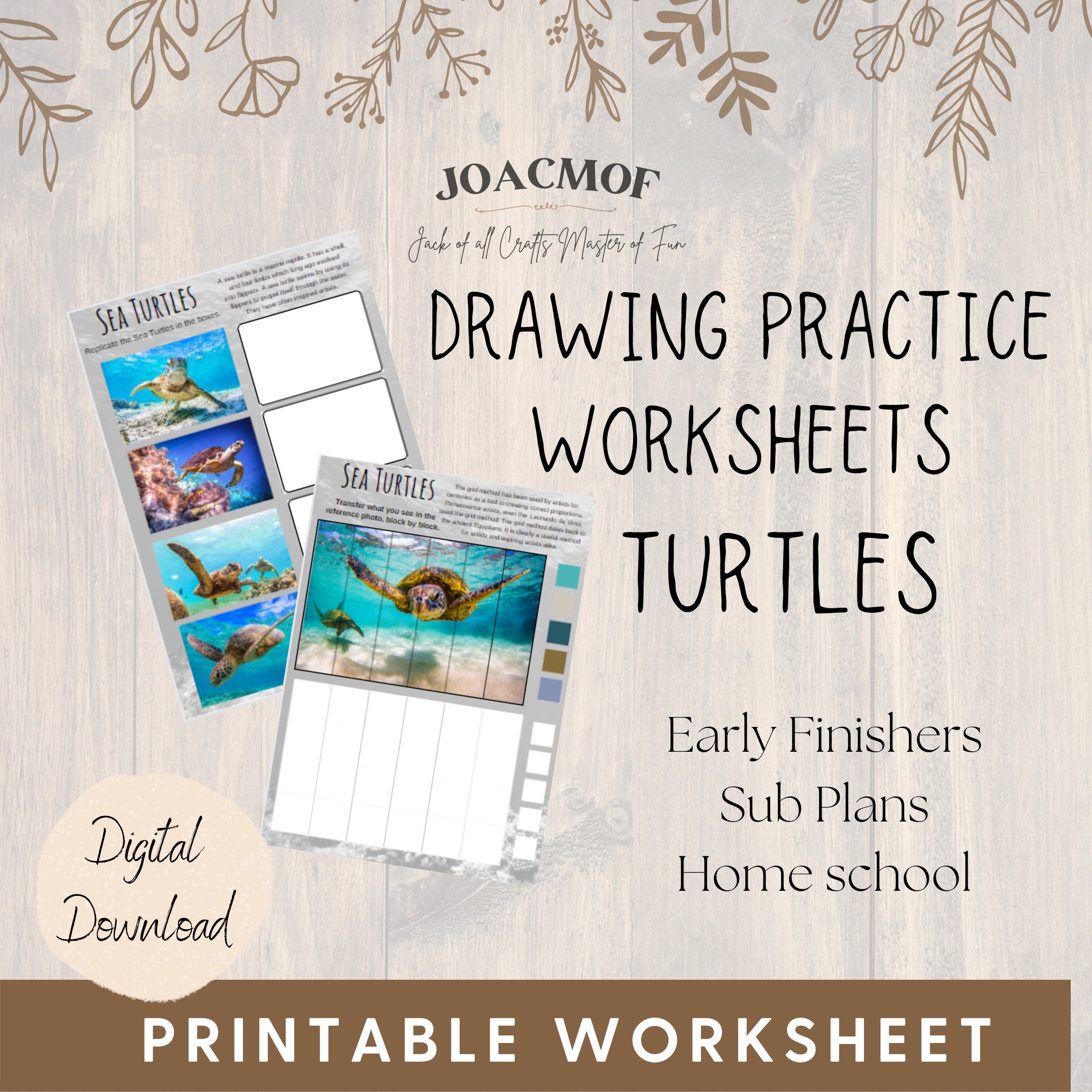 Printable Art Worksheets Activity, Turtles, Drawing Practice, Colouring ...