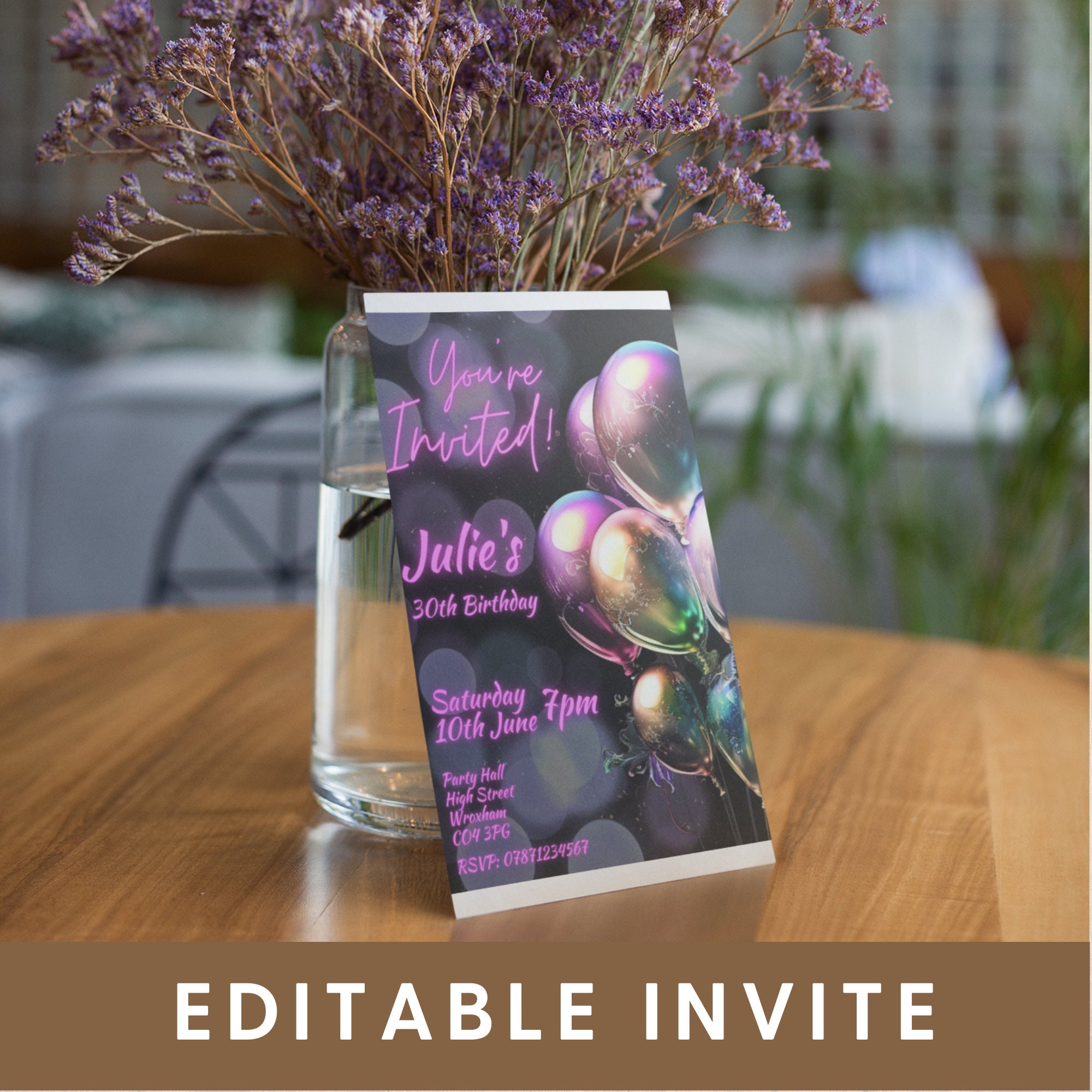 Editable Balloons Birthday Party Invitation, Printable Neon Birthday ...