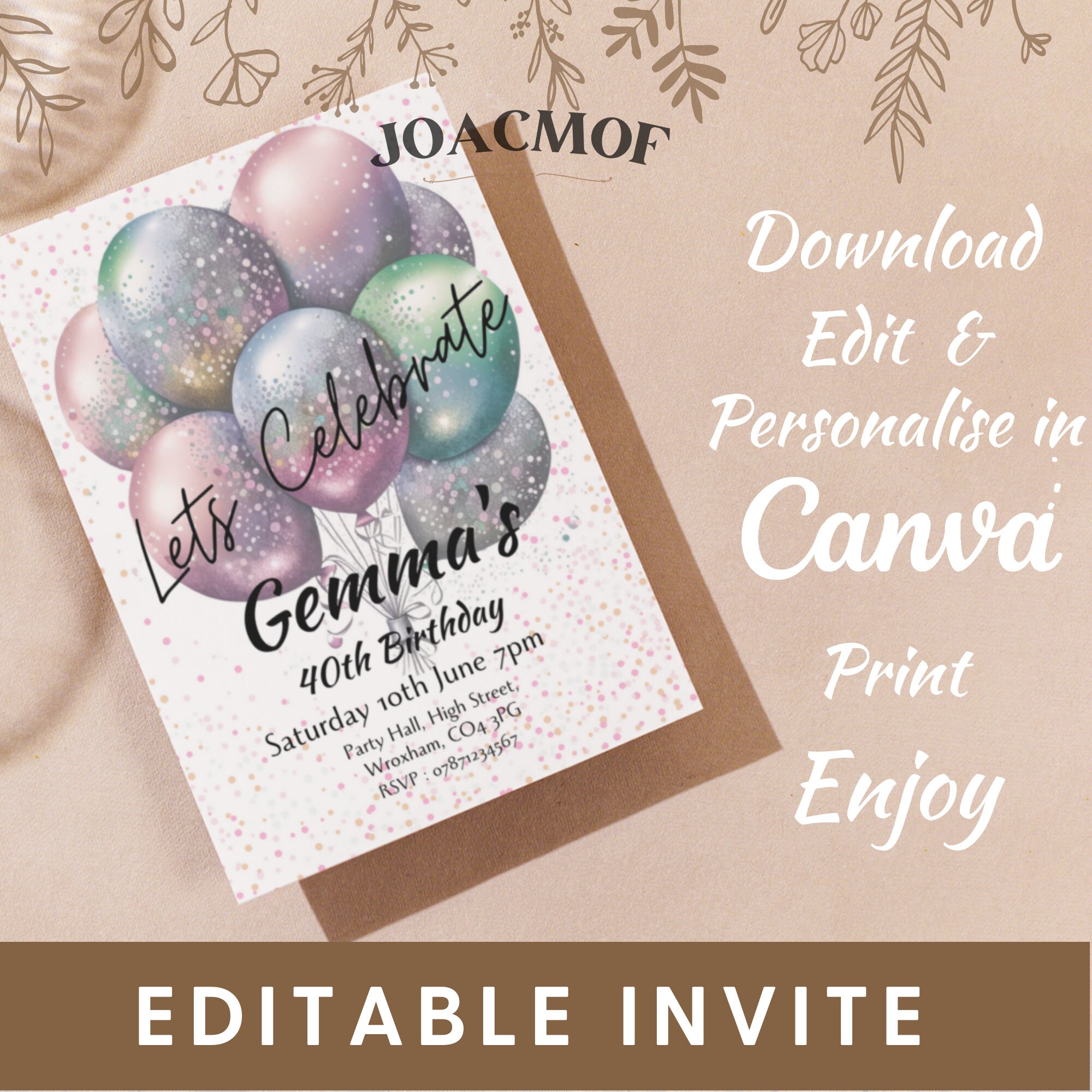 Editable Balloons Birthday Party Invitation, Printable Pastel Birthday ...