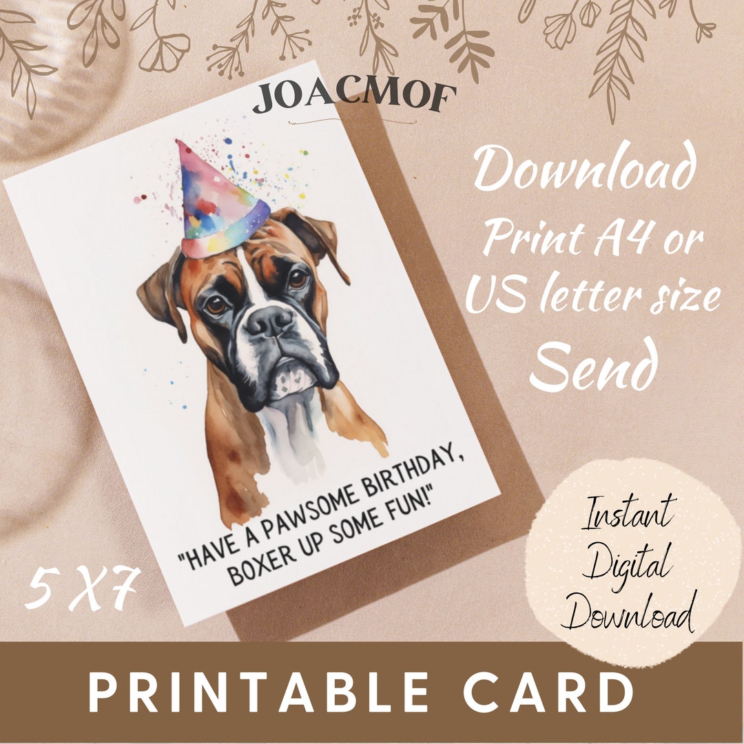 Boxer Greeting Card Instant Digital Download Printable Birthday Card ...