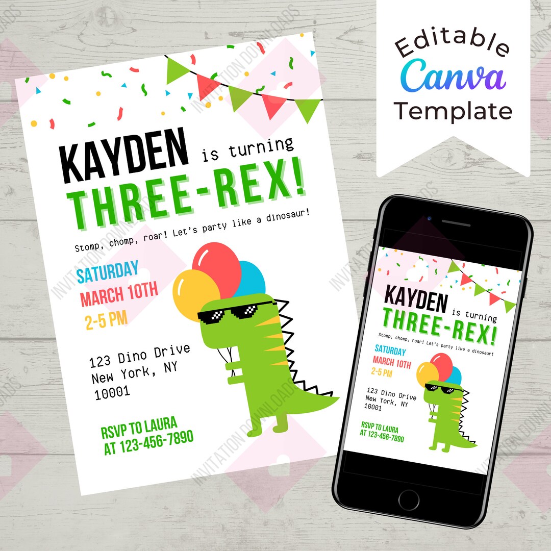 Three Rex Dinosaur Birthday Invitation Template Tyrannosaurus Rex ...