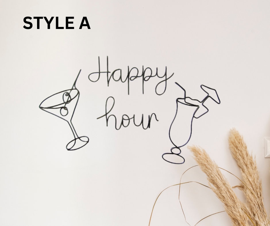 Happy Hour Sign Wire Words Wall Art Bar Sign Decor Cocktail Glass Wall ...