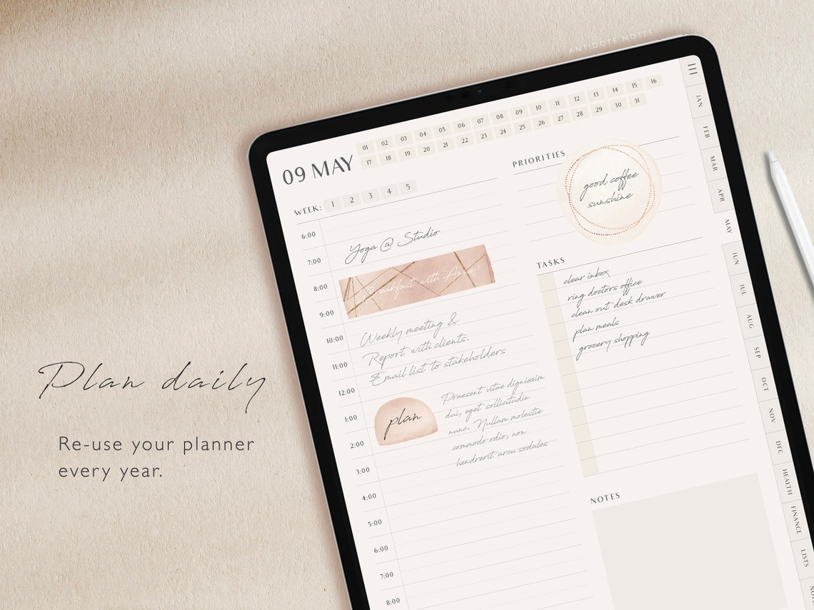 Undated Digital Planner with self care fitness and budget | Etsy