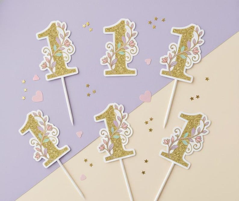 Floral Number 1 Cupcake Toppers – First Birthday Picks | Baby Shower ...