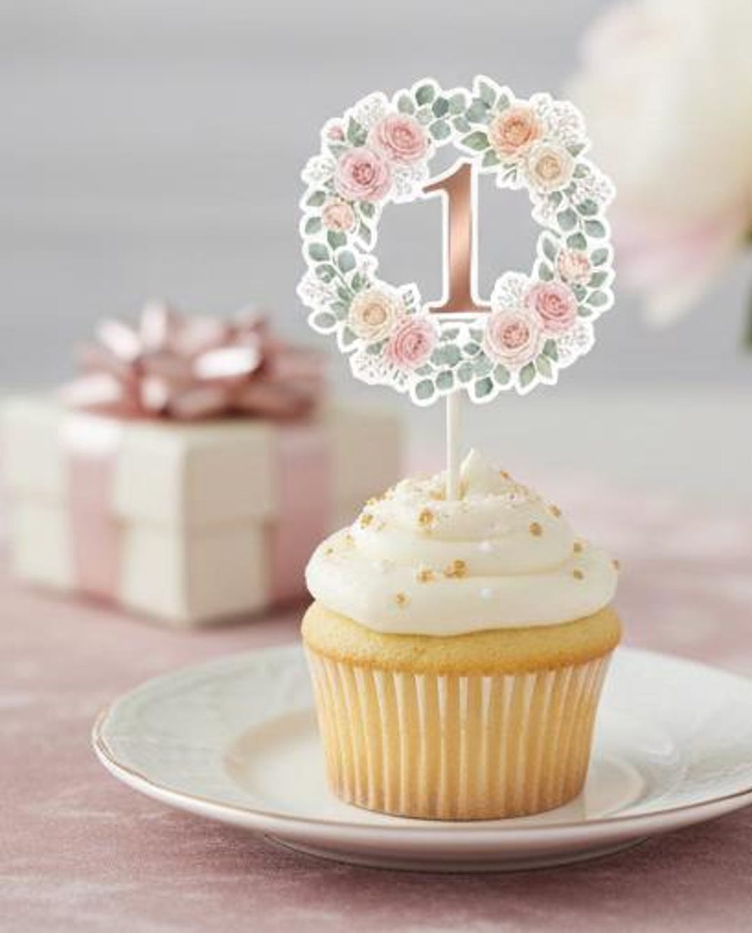 Floral Wreath Number 1 Cupcake Toppers • Rose Gold First Birthday Decor ...