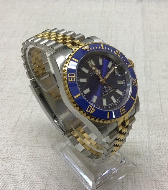 Blue Gold Mod Seiko Submariner Style With Jubilee Bracelet | Etsy