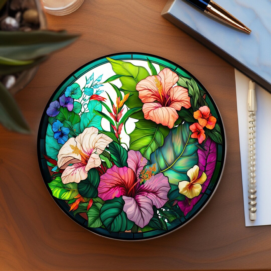 Hibiscus Coaster, Stained Glass Design, Flower Lover Gift, Nature Home ...