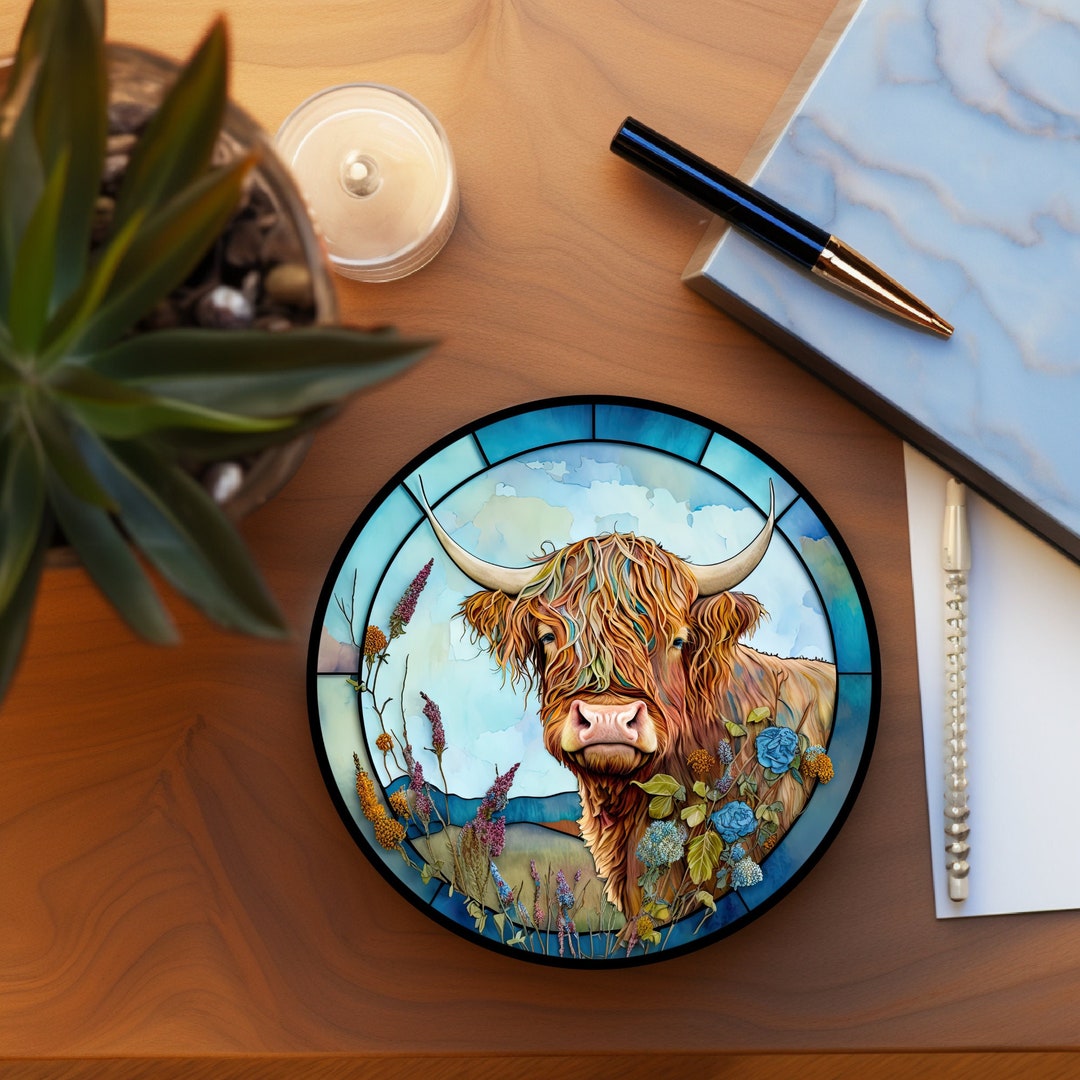 Highland Cow Coaster, Farmhouse Decor, Nature Lover Gift, Stained Glass ...