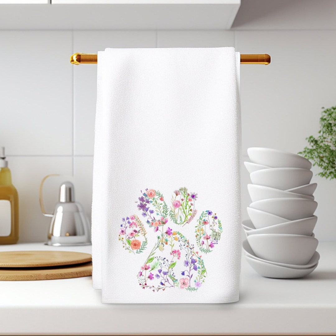Paw Print Floral Hand Towel, Dog Lover Gift, 15x25 Inch Microvelour ...