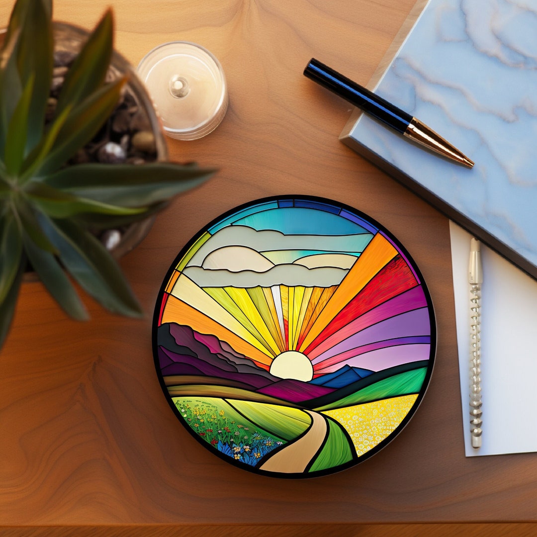 Rainbow Sunrise Coaster, Ceramic Drink Mat, Vibrant Table Accessory ...