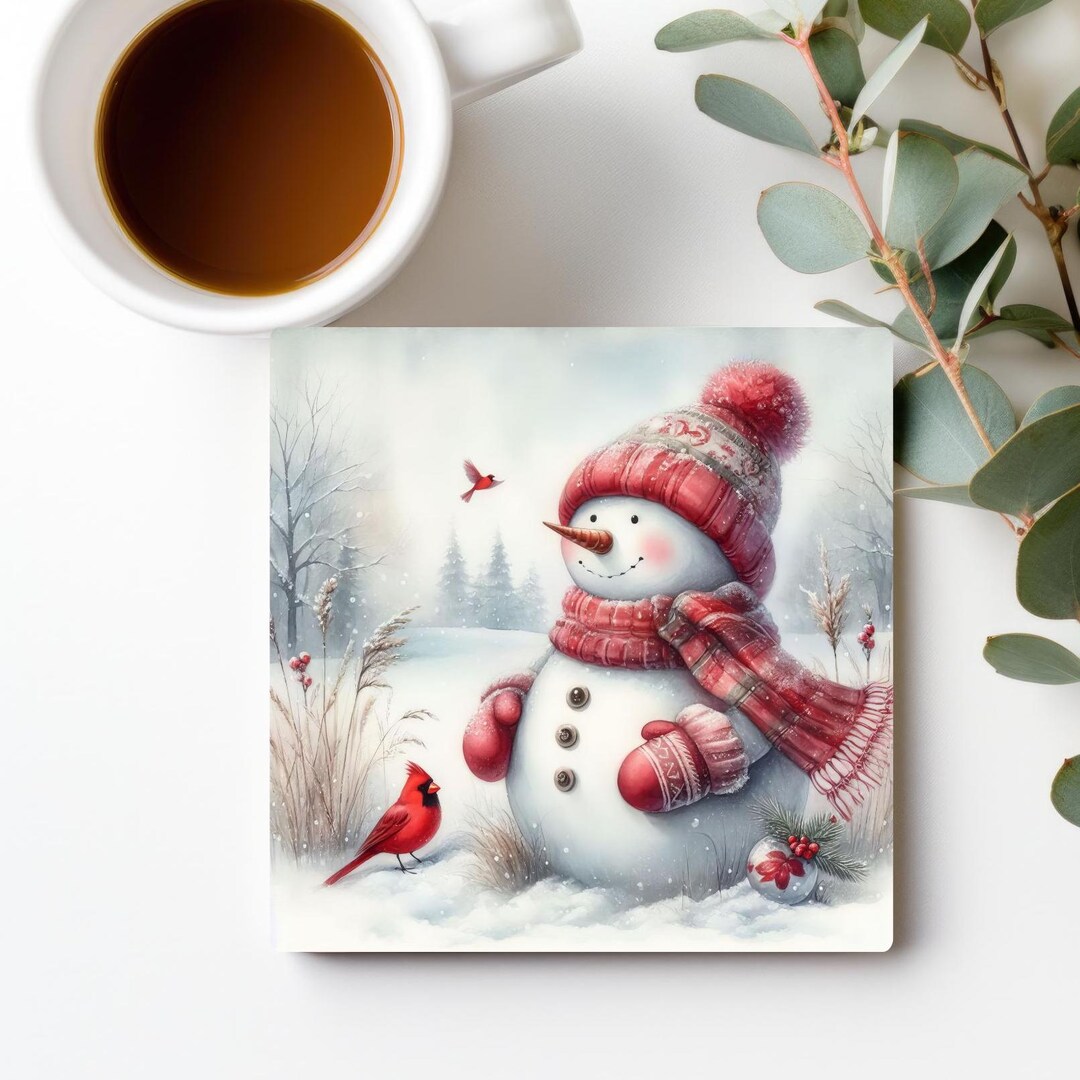 Snowman & Cardinal Ceramic Coaster: Winter Coffee Table Decor - Etsy