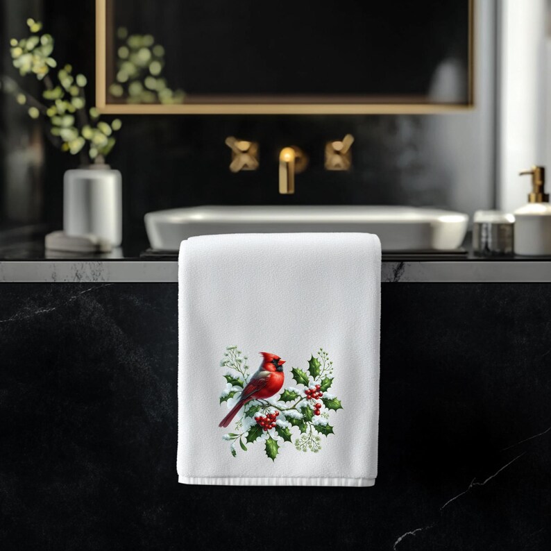 Cardinal Fingertip Towel, Winter Bird Bathroom Decor, Holiday Guest ...