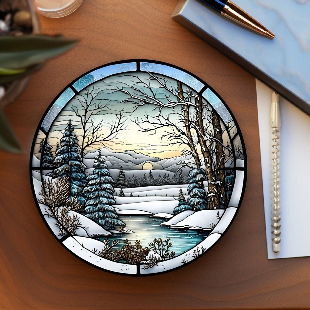 Winter Scene Coaster, Nature Lover Gift, Faux Stained Glass Ceramic ...