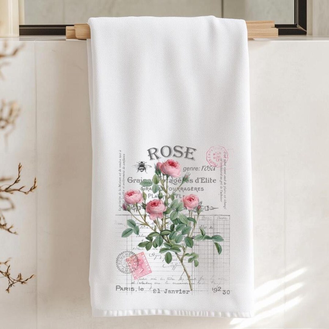 Pink Rose Hand Towel, French Inspired Design, Rose Guest Towel, Pink ...