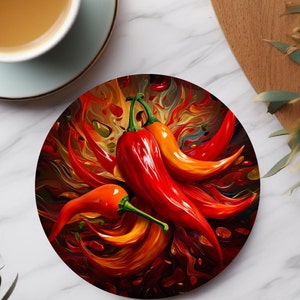 Hot Peppers Ceramic Coaster, Kitchen Decor, Spicy Pepper Design, Cork ...