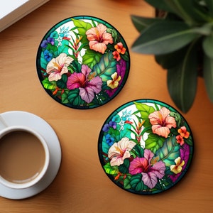 Hibiscus Coaster, Stained Glass Design, Flower Lover Gift, Nature Home ...