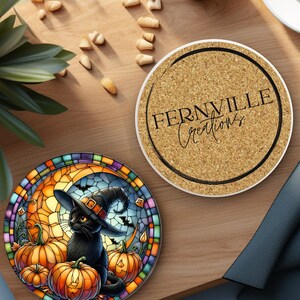 Black Cat Coaster, Halloween Decor, Printed Stained Glass Image ...