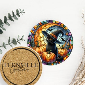 Black Cat Coaster, Halloween Decor, Printed Stained Glass Image ...