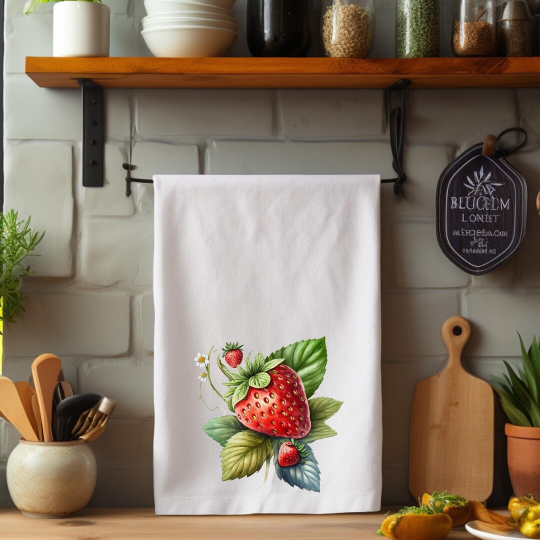 Decorative Strawberry Kitchen Towel, Red Kitchen Decor, Premium White ...