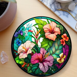 Hibiscus Coaster, Stained Glass Design, Flower Lover Gift, Nature Home ...
