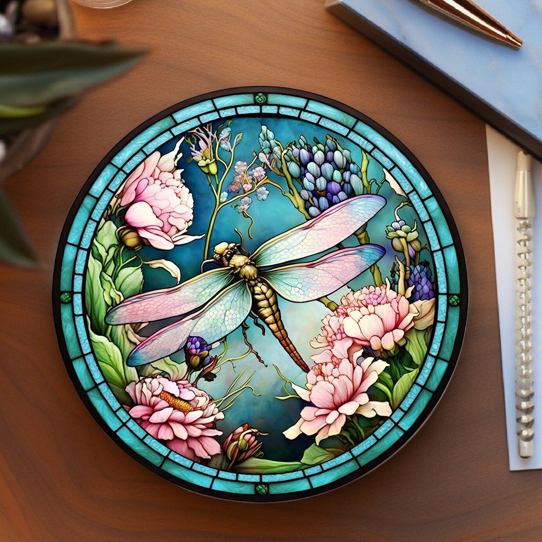 Dragonfly Coaster, Coffee Table Decor, Pink Flower Beverage Coaster ...