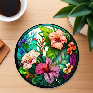 Hibiscus Coaster, Stained Glass Design, Flower Lover Gift, Nature Home ...