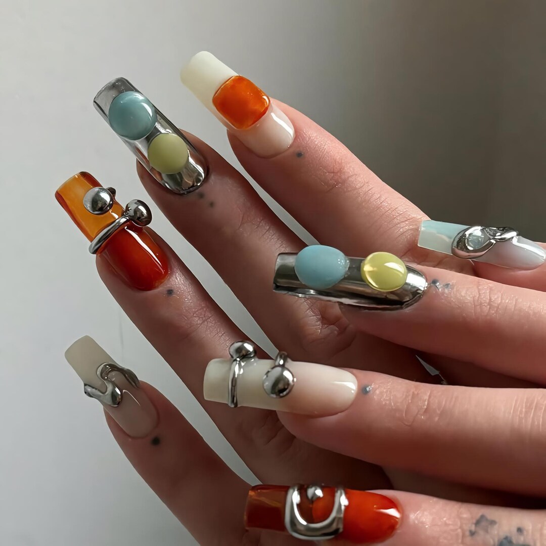 Edgy Metallic Press on Nails, 3D Silver & Resin Nail Art, Unique ...