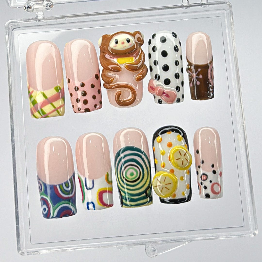 3D Monkey Press on Nails, Handmade Kawaii Nail Set With Cute Cartoon ...