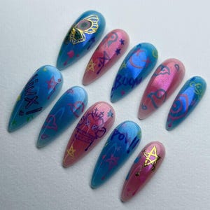 League of Legends Jinx Nail Art, Pink & Blue Graffiti Stiletto Nails ...