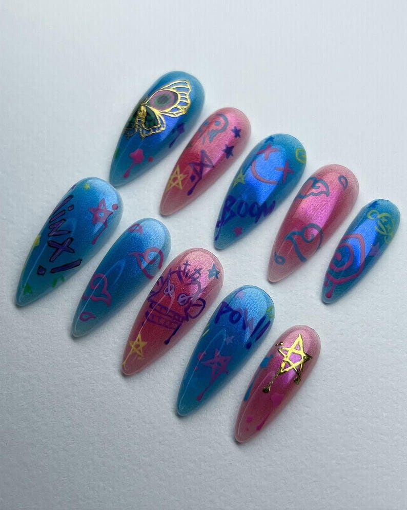 League of Legends Jinx Nail Art, Pink & Blue Graffiti Stiletto Nails ...
