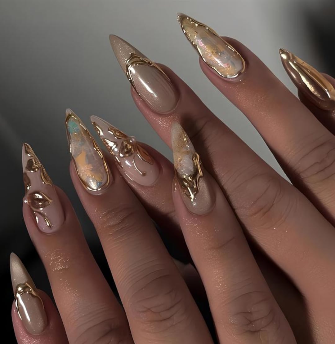 Milky White Gold Flower Nails, Luxury Press on Nails, Hand Made Elegant ...