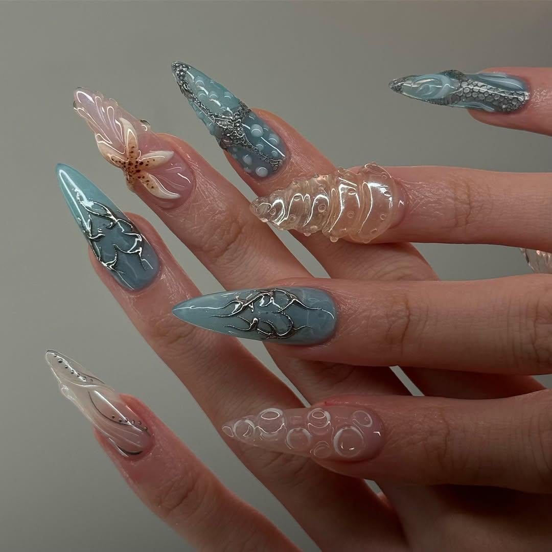 Underwater Fantasy Press on Nails, Sea Creature Acrylic Nails, Oceanic ...