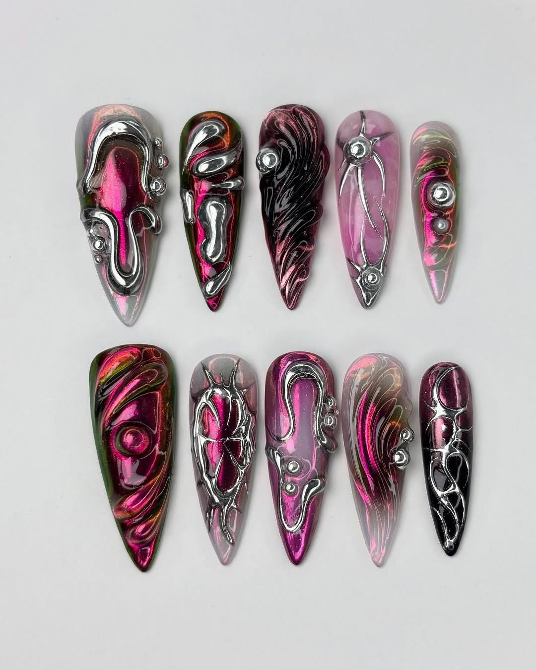 Cyber Chrome Press on Nails, Intricate 3dpress on Nails, Glamorous ...
