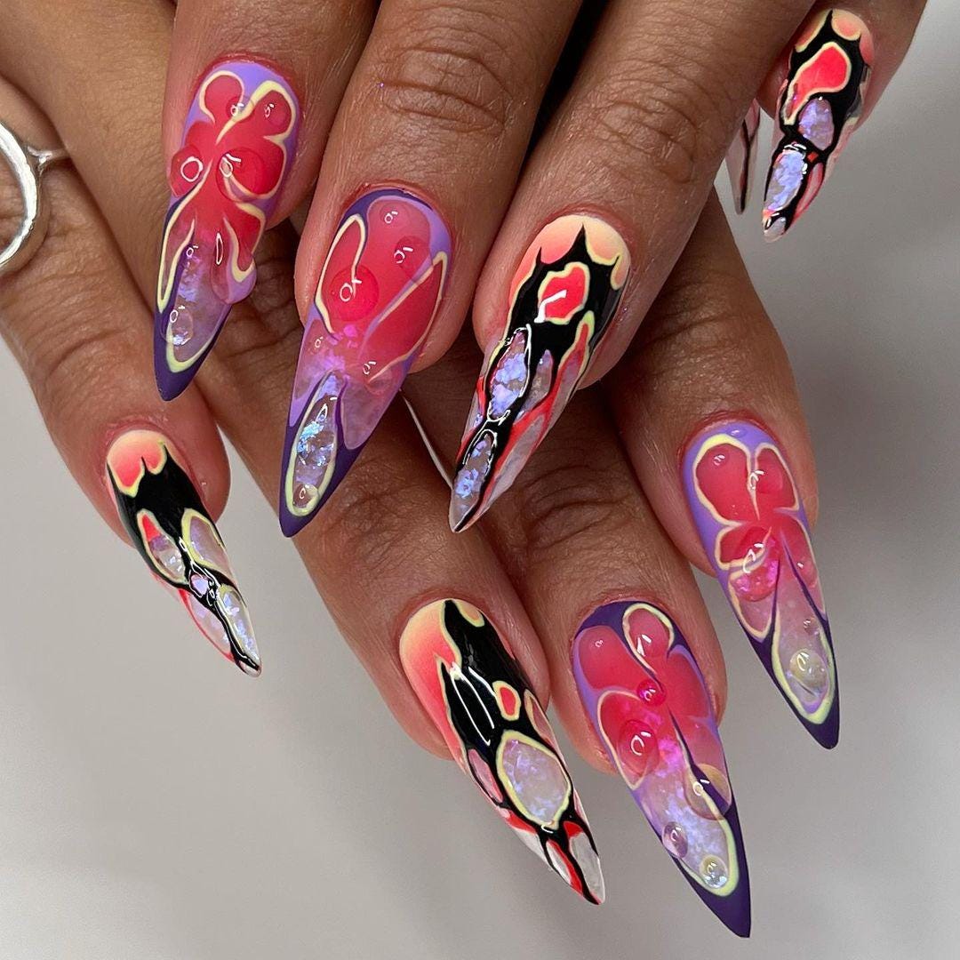 Unique Colorful Press-on Nails With 3D Floral Effect, Artistic Press-on ...