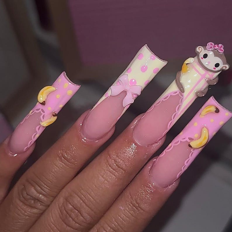 Kawaii Monkey Press on Nails, 3D Banana Cute Nail Art, Pink Fun Cartoon ...
