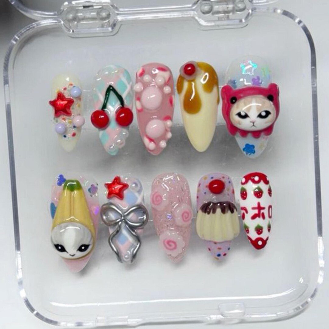 Kawaii Press on Nails - 3D Cute Dessert Nail Set - Handmade Sweet Nail ...