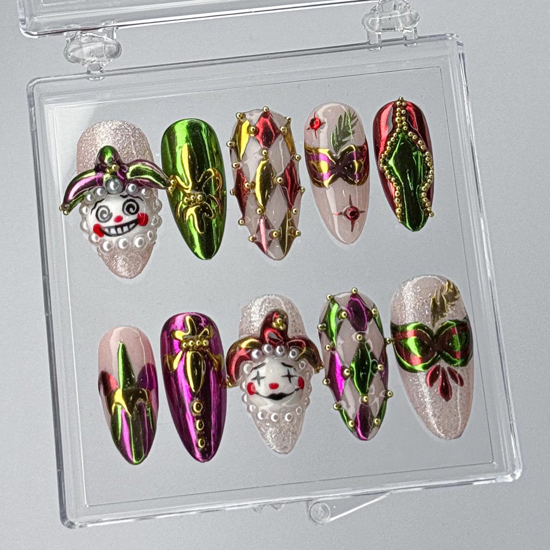 Mardi Gras Party Press on Nails, Carnival Jester Nail Ar, 3D Masquerade ...