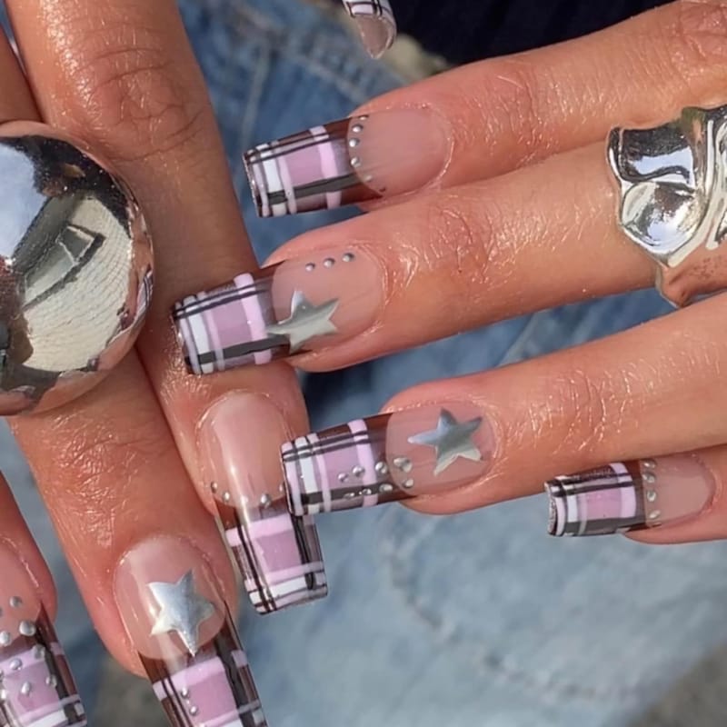Plaid Press on Nails Pink - Etsy