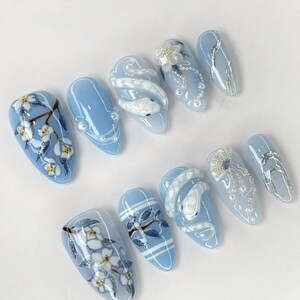 Blue Snake and Blossom Press on Nails, Handmade 3D Nail Art, Luxury ...